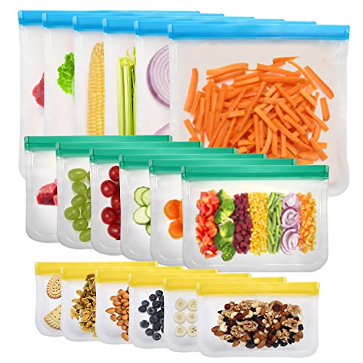 Reusable Food Storage Bags, 18 Pack BPA Free Reusable Freezer Bags, Leakproof Storage Bag for Food (6 reusable gallon bags & 6 reusable sandwich bags & 6 reusable snack bags)