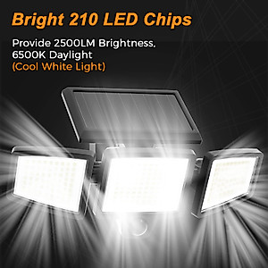 KERNOWO Solar Lights Outdoor, 210 LED 2500LM Solar Flood Security Lights with 25FT Motion Sensor IP65 Waterproof 3 Heads Spot Flood Wall Lights for Porch Garage Yard Entryways Patio (Black, 2pcs)