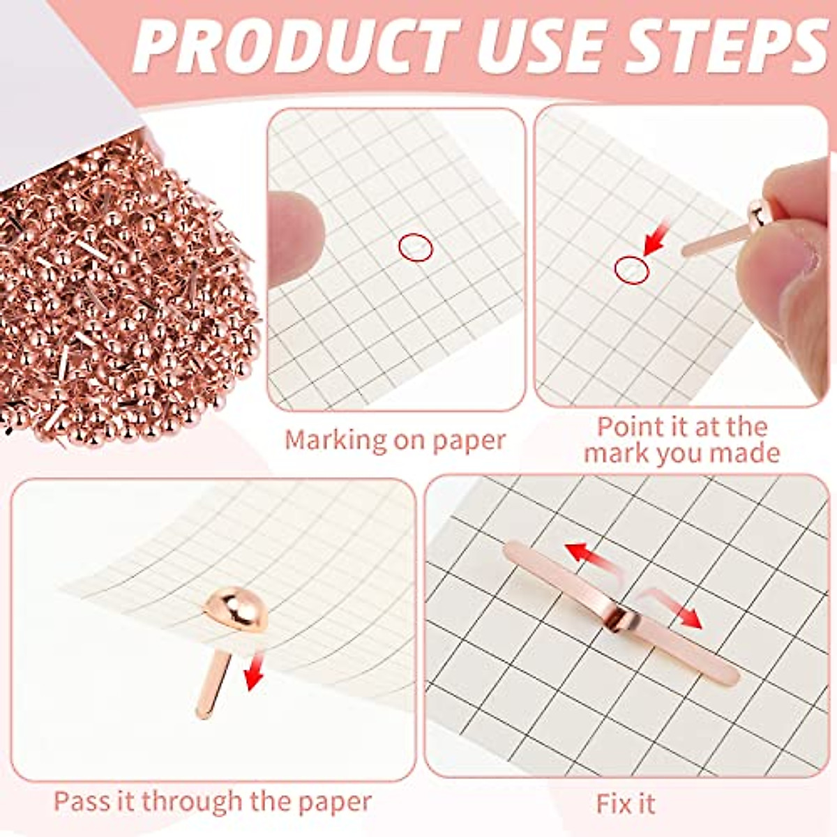 500 Pieces Paper Brass Fasteners Brass Brads Round Fasteners for Kids Craft Art Crafting School Project Decorative Scrapbooking DIY Supplies (Rose Gold, 0.3 x 0.6 Inch)