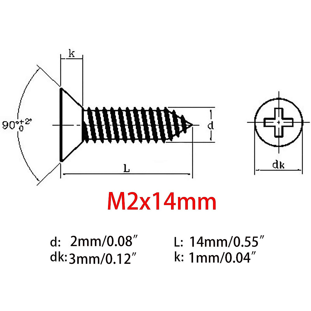 100 Pcs M2x14mm Flat Head Wood Self Tapping 304 Stainless Steel Screw Phillips Head Self Drilling