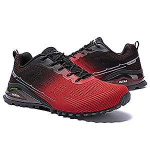 Kricely Men's Trail Running Shoes Fashion Hiking Sneakers for Men Tennis Cross Training Shoe Red Black Non-Slip Walking Footwear Size 10.5