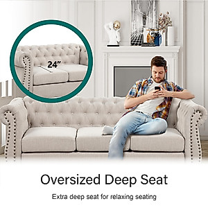 Morden Fort Deep Seat Couch Sofa, [No Sagging] 3 Seater Sectional Couch Durable Pet-Friendly Chesterfield Sofas Tufted Sofa Chenille Couches for Living Room Furniture Bedroom Lounge Beige Couch