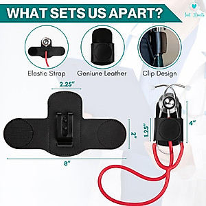 Stethoscope Holder Hip Clip | Genuine Leather Elastic Strap Stethoscope Clip for Nurses, Doctors, & More | Black Stethoscope Cover Sleeve | Stethoscope Case | Stethoscope Accessories