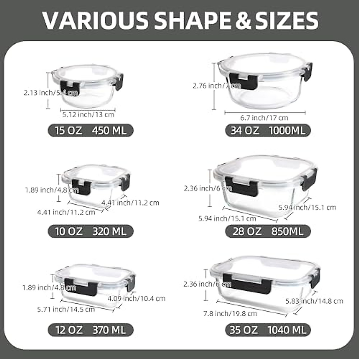 YARYOUNG 12 Pack Glass Food Storage Containers with Lids, Glass Meal Prep Containers, Airtight Glass Lunch Bento Boxes, BPA Free & Leak Proof