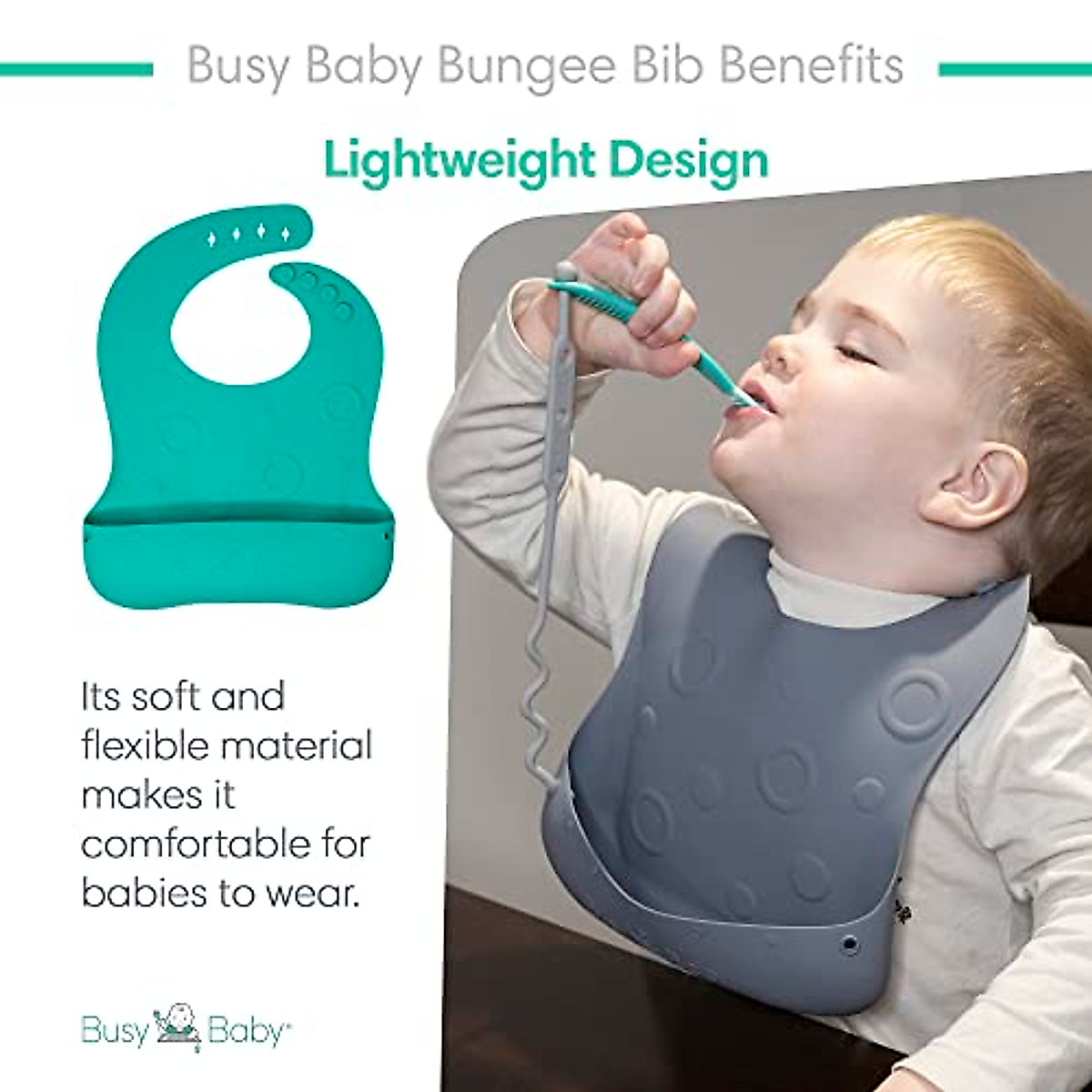BUSY BABY Bungee Bib | Silicone Bib for Babies & Toddlers with Tethers | Attach Utensils and Keep Them Off The Floor | Dishwasher Safe, BPA Free (Spearmint)