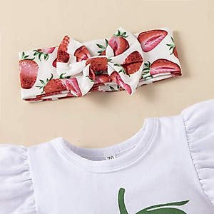 Newborn Baby Girls Clothes Strawberry Ruffles Sleeves Summer Romper Floral Bottoms Shorts Headband 3pcs Outfits Set Infant Girl First Birthday Coming Home Outfits Pants Set Red Strawberry 9-12 Months