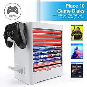 Number-one Game Storage Tower Bracket, Multifunction Gaming Disks Organizer Rack, Most Storage 10 Disk, 2 Headsets Stand 4 Controllers Holder, Compatible with PS5/PS4/XBOX Series Accessories, White