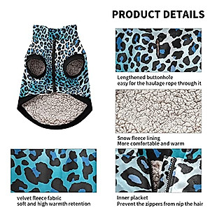 Kigai Blue Leopard Dog Coat Fleece Warm Windproof Pet Clothes for Snow Cold Weather, Soft Cozy Breathable Dog Winter Jacket for Small Medium Large Dogs with Leash Hole Pet Coat(XXS - XL)