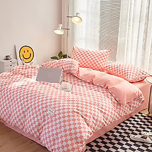 Pink Bedding Checkered Duvet Cover Set Twin, Soft 100% Washed Cotton Grid Plaid Duvet Cover Set, 4PCS 1 Quilt Cover+2 Pillow Covers+1 Flat Sheet, Checkered Cover Set Bedding Sets Collections