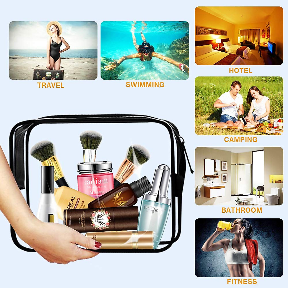 SYIDINZN Cosmetic Bag 3 Pack Clear Travel Toiletry Bag Set with Zipper Make-up Pouch Handle Straps | Waterproof Packing Organizer Storage Diaper Pencil Bags (Black)