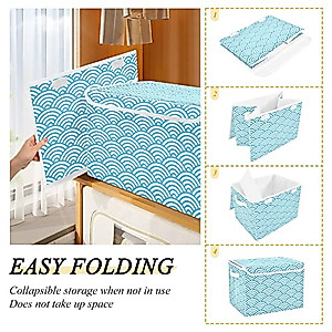 CaTaKu Storage Bins with Lids Japanese Wave Fabric Large Storage Container Cube Basket with Handle Decorative Storage Boxes for Organizing Clothes Shelves
