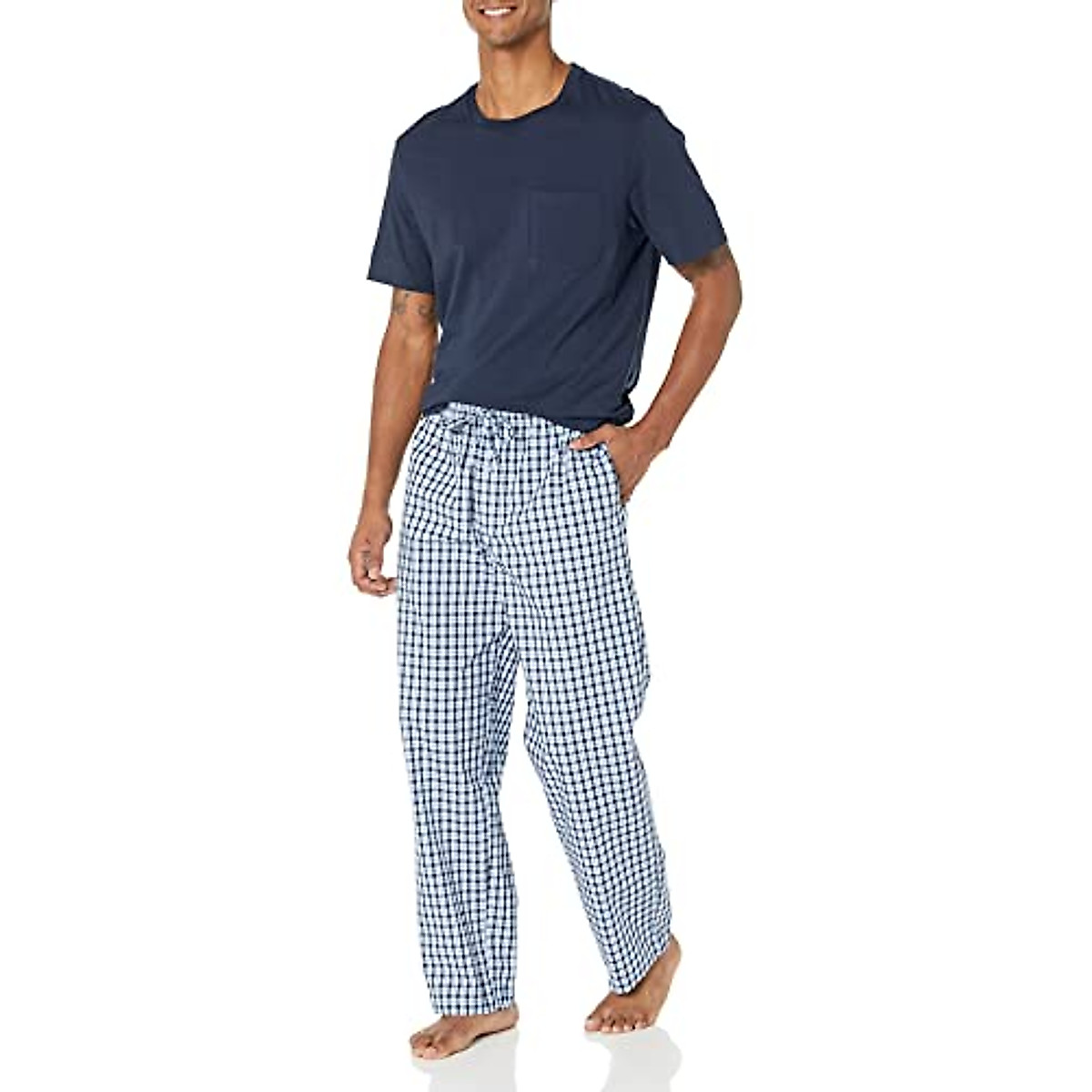 Amazon Essentials Men's Straight-Fit Woven Pajama Pant, Light Blue White Plaid, Medium