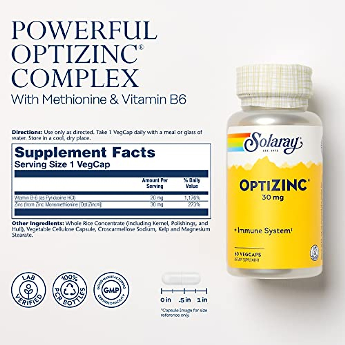Solaray OptiZinc 30mg Immune Support Supplement, Chelated Zinc Capsules, Endocrine Systems and Cellular Health Support, with Methionine, Vitamin B6 and NO Copper, 60-Day Guarantee, 60 Serv, 60 VegCaps