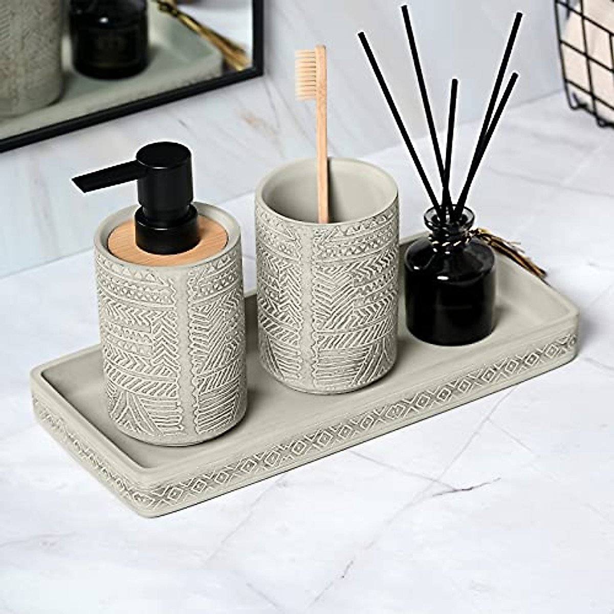 Grey Bathroom Accessories Set, Includes Ceramic Bathroom Soap Dispenser, Toothbrush Holder, Soap Dish and Concete Tray