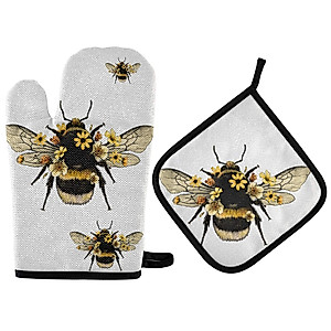 Aflyko Bee Daisy Flower Oven Mitt Pot Holder Gift Set Heat Resistant Cooking Glove Kitchen Potholder for BBQ Baking