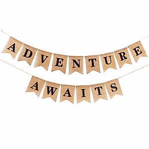 LINGTEER Adventure Awaits Burlap Banner Bunting Bon Voyage Travel Retirement Graduations Wedding Party Pennant Decorations Supplies - [Pre Strung].
