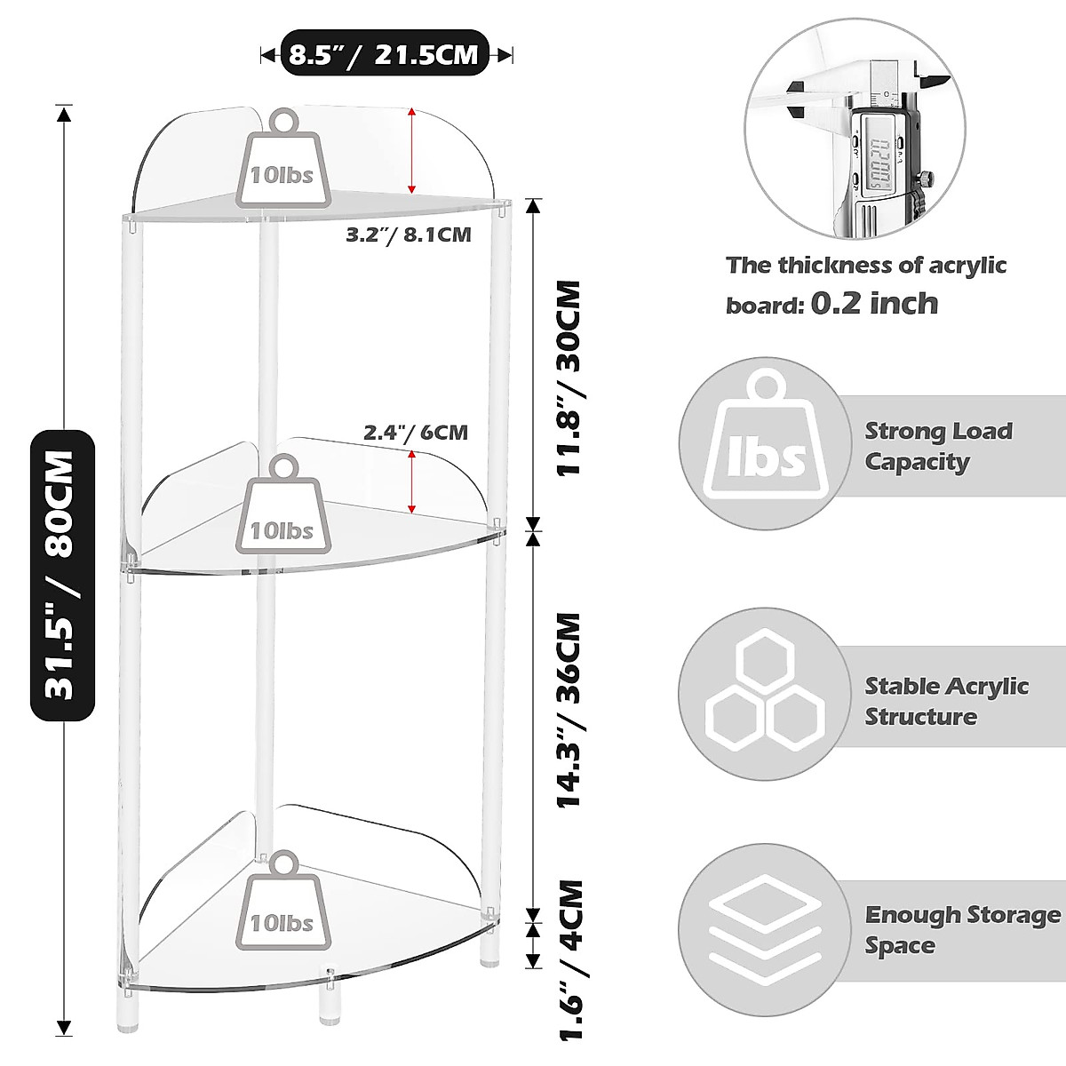 KOLUTI 3 Tier Bathroom Corner Shelf Stand, Solid Acrylic Floor Standing Rack Organizer Display for Restroom Living Room Bedroom Balcony, Small Toilet Paper Side Holder Storage, Clear