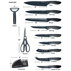 KNIFAST Knife Set Stainless Steel 18 Pieces with Block Dishwasher Safe, Kitchen Knives Set Chef Knife Set with Knife Sharpener, 6 Steak Knives with Peeler Scissors Cheese Pizza Knife and Acrylic Stand