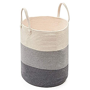 EZOWare Large Cotton Rope Storage Basket, Soft Woven Laundry Hamper with Handles for Bathroom Nursery Closet - Gradient Gray, 15 x 18 inch