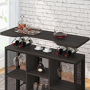 LVB Home Bar Unit, Modern Liquor Bar Table, Industrial Mini Bar Stand with Wine Rack and Storage Shelf, Wood Metal Indoor Coffee Bar Cabinet for Kitchen Living Dining Room Pub, Dark Gray Oak, 47 Inch