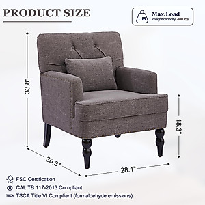 HUIMO Tufted Club Chair with Lumbar Pillow,Upholstered Button Armchair,Accent Reading Chair,Linen Fabric Sofa Chairs for Bedroom, Living Room, Mid Century Modern with Studded Chair Grey