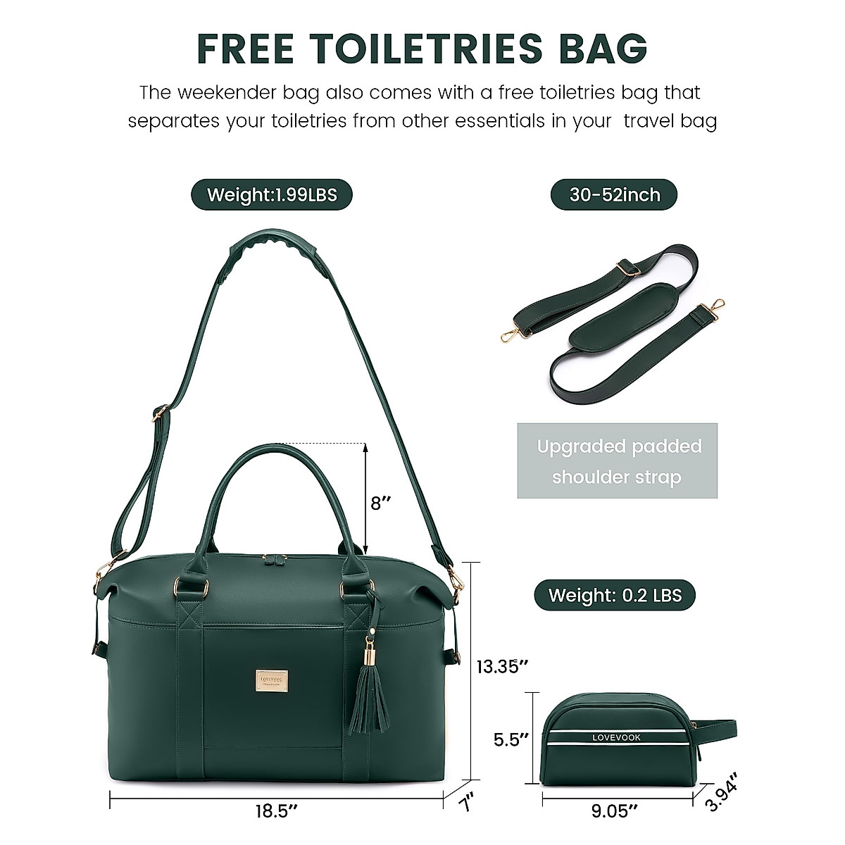 LOVEVOOK Travel Duffle Bag for Women, Leather Carry On Weekender Bag with Toiletry Bag, Waterproof Overnight Bag Tote Gym Duffel Bag with Wet Pocket for Hospital Yoga Sports Dance Green