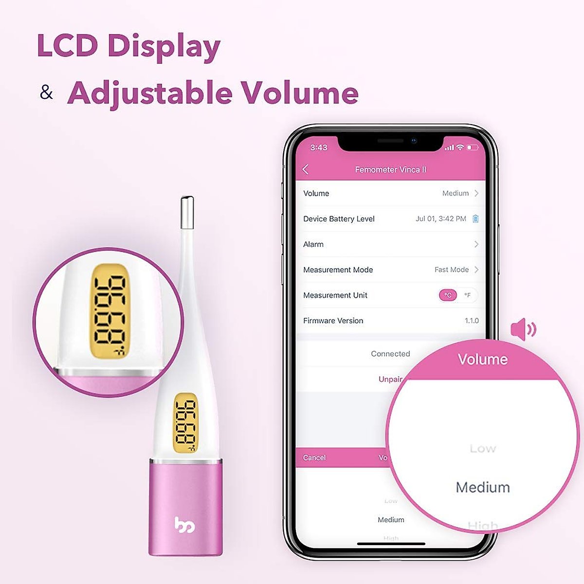 Smart Basal Body Thermometer, BBT Thermometer with Backlight LED Screen, Fertility/Period Tracker with Femometer APP, Automatic Data Recording, Lipstick Shape, Easy to Use and Carry, Purple