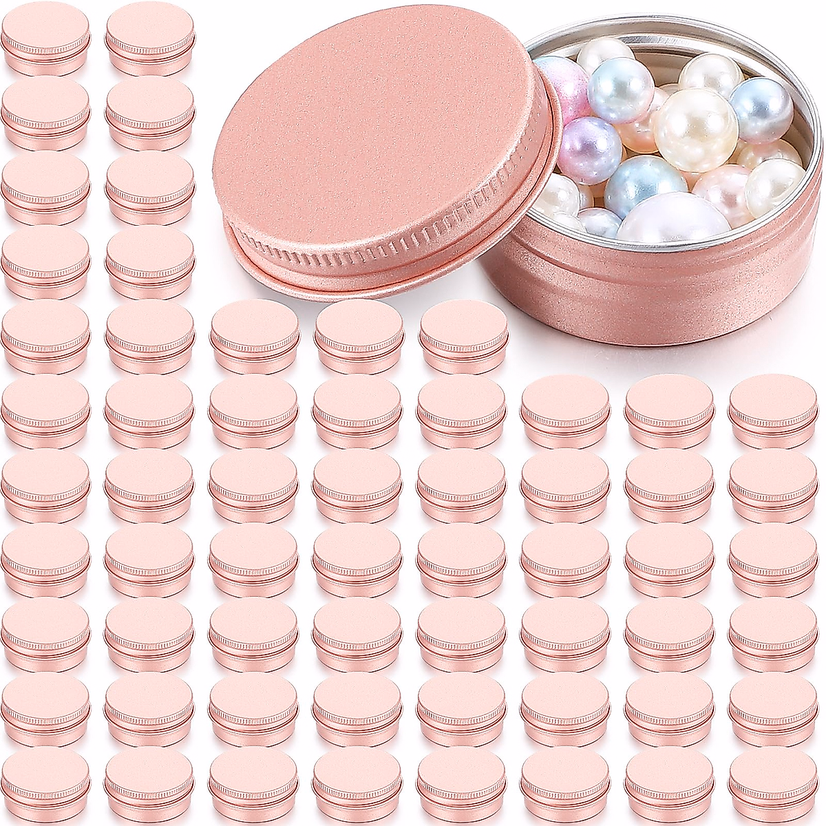 Patelai 64 Pieces Lip Balm Tin Containers Screw Top Round Tin Cans Aluminum Jar with Screw Lid, Empty Bottle Travel Cosmetic Sample Container for DIY(0.5 oz,Rose Gold)