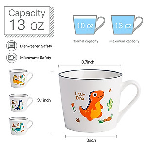 CHILDIKE Ceramic Dino Mug 13 Oz Dinosaur Cup, Cute Porcelain Mug for Breakfast, Cereal, Kawaii, Cartoon, Christmas & Holiday Gifts for Kids, Girls, Boy, Microwave Safe, Set of 4