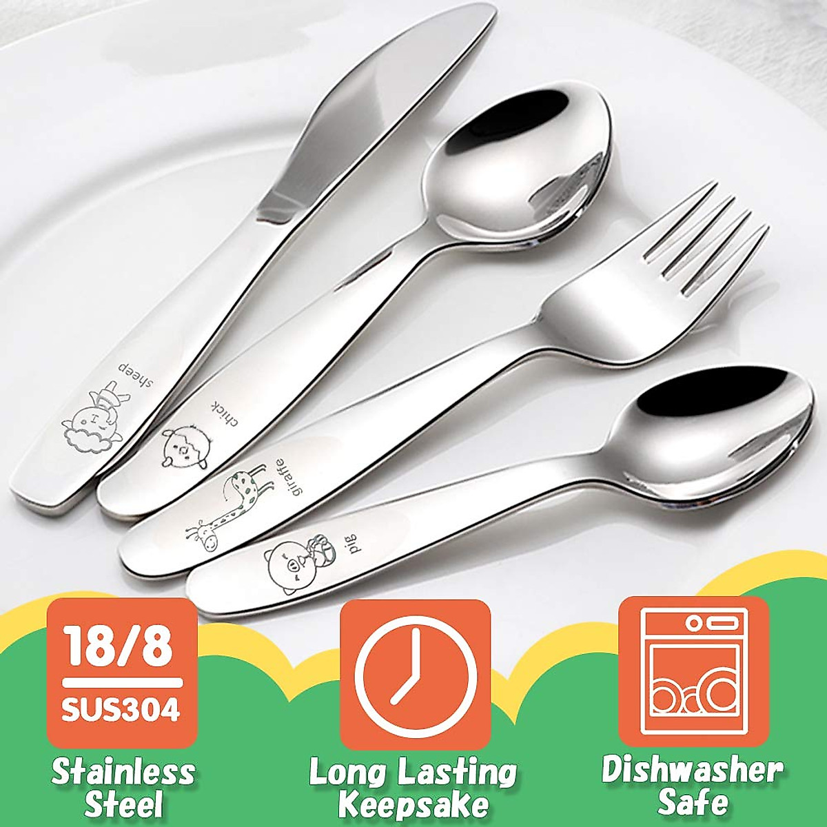 Kids Silverware Set Toddler Utensils 18/8 Stainless Steel 4PCS Fork Spoon and Knife Cutlery Child Flatware for Age 3+