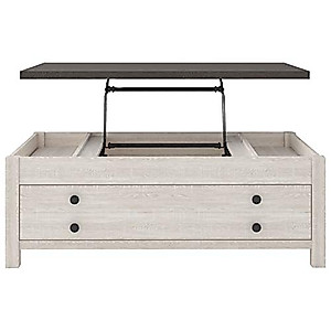 Signature Design by Ashley Dorrinson Farmhouse Lift Top Coffee Table with Storage, Antique White & Brown