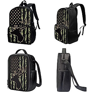Suobstales American Flag Print Children Backpack Kids School Bookbag with Lunch Box Pencil Case Deer Camo Design 3 Piece for Boys Girls Large Capacity Casual Daypack with Zipper Pocket
