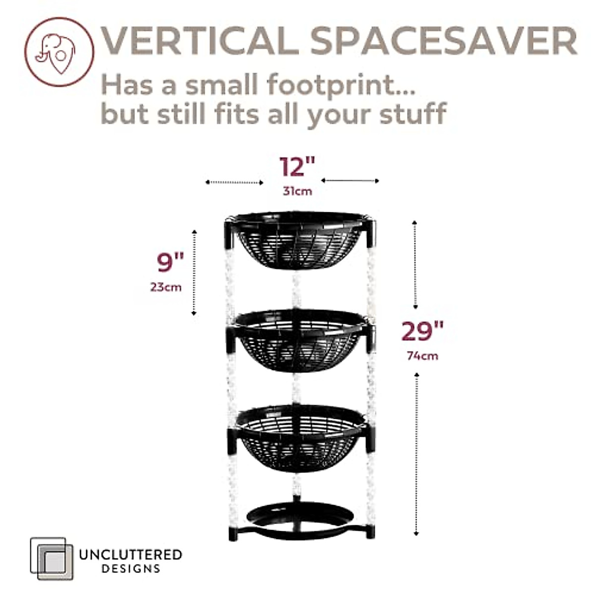Uncluttered Designs Stacking Basket Bins (3 Tier + Plate) — Display for Fruit, Potato, Onion & Produce — Crafts, Art Supplies & Housewares Organizer — Bedroom & Bathroom Organization & Storage (Black)
