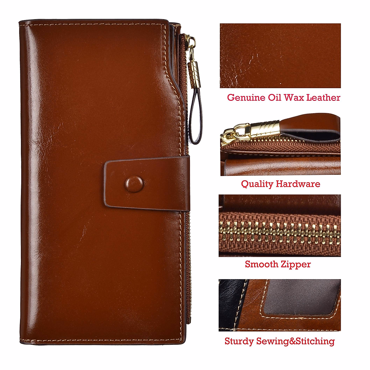 woogwin Women's RFID Large Capacity Luxury Genuine Leather Clutch Wallet Ladies Purse (Wax Coffee)