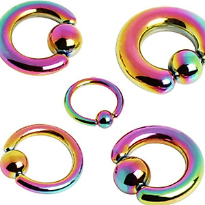 WildKlass Jewelry Rainbow PVD Plated 316L Surgical Steel Captive Bead Ring with Dimple Ball Sold Individually