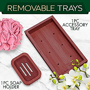SereneLife Bamboo Bathtub Caddy with Luxury Gift Box and Red Gifting Ribbon Extendable & Adjustable Tray with Device/Book Holder with Removable Trays for Bath Accessories (Stain Brown)