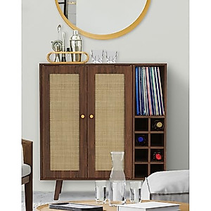 Atlantic Loft & Luv Remy Boho Mid-Century Bar Cabinet with Natural Rattan Panels with Storage, Walnut Finish