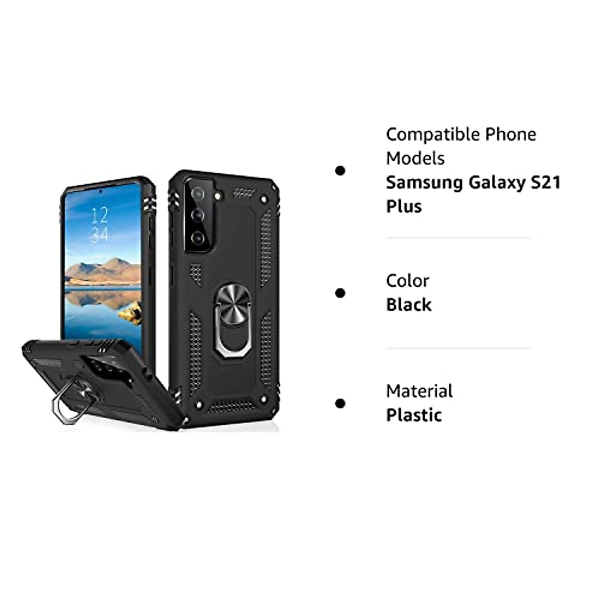 IKAZZ Galaxy S21 Plus Case,Samsung S21 Plus Cover Military Grade Shockproof Heavy Duty Protective Phone Case Pass 16ft Drop Test with Magnetic Kickstand for Samsung Galaxy S21 Plus Black