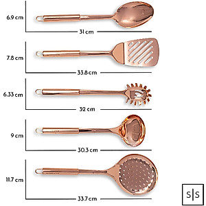 Copper Cooking Utensils for Cooking/Serving, Rose Gold Kitchen Utensils -Stainless Steel Copper Serving Utensils Set 5 PCS-Copper Ladle, Serving Spoon, Pasta Serving Fork, Spatula, Kitchen Skimmer