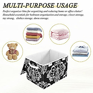 Kigai Storage Basket Black Damask Baroque Floral Storage Boxes with Lids and Handle, Large Storage Cube Bin Collapsible for Shelves Closet Bedroom Living Room, 16.5x12.6x11.8 In