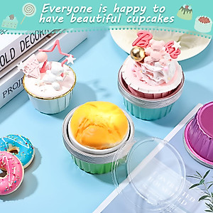 200 Pcs Aluminum Foil Cupcake Baking Cups 4.2 oz Disposable Ramekins Cupcake Liners Dessert Cups with Lids Mini Cake Pans Holders Mini Cheesecake Container for Valentine's Day Party (Vivid Colors)