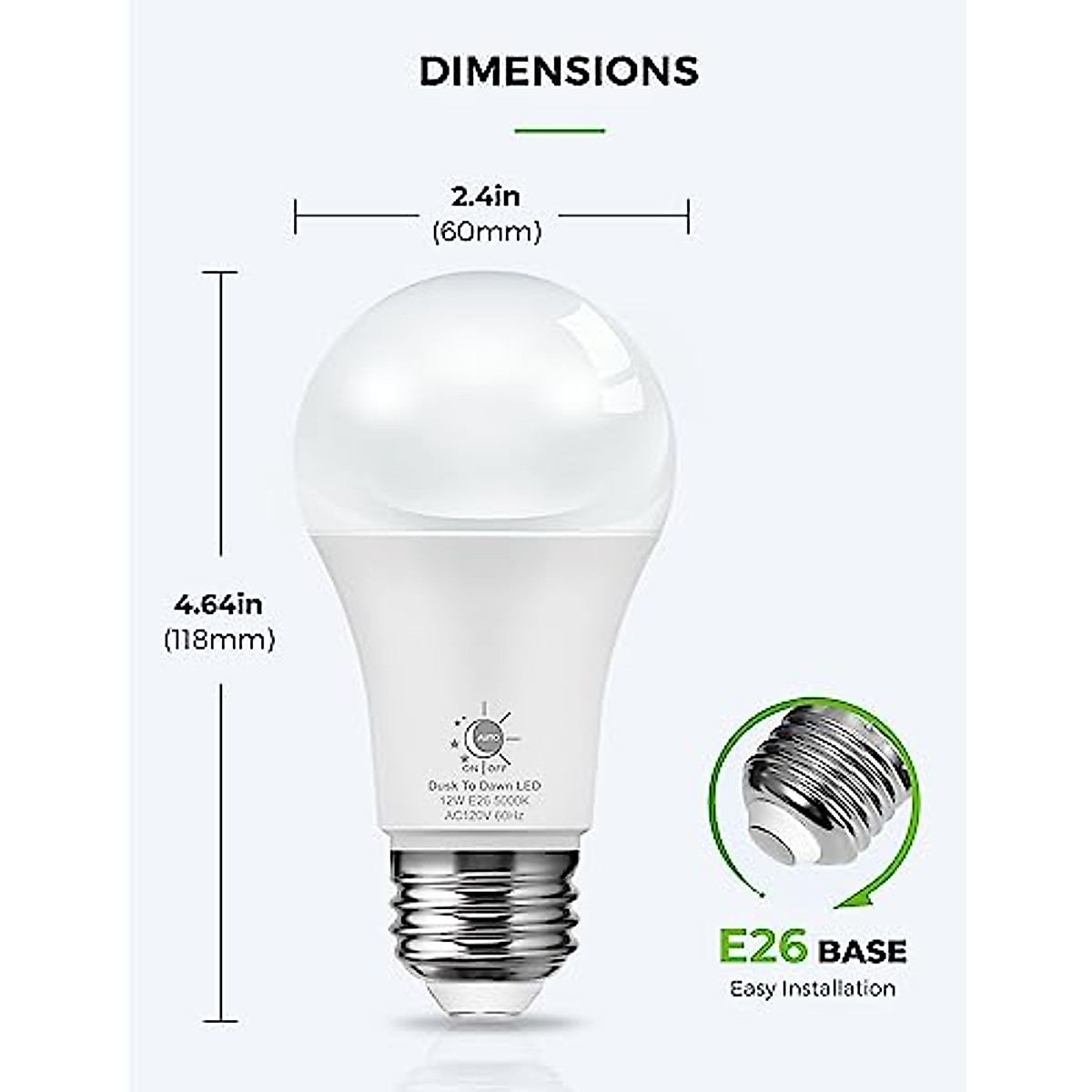 LOHAS Dusk to Dawn Sensor Light Bulbs Outdoor, A19 12W(100 Watt Equivalent) LED Bright Porch Lighting, Daylight White 5000K, 1100LM, Auto-On/Off, E26 Base for Outside, Garage, Patio, Yard, 2 Pack