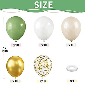 Sage Green White Gold Balloons, 50pcs Olive Green Gold Metallic Sand White Balloons with Gold Confetti Balloons for Wedding Baby Shower Bridal Shower Safari Birthday Party Decorations