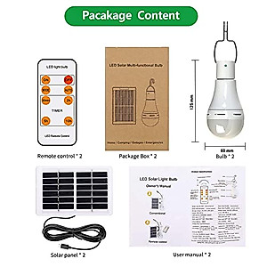 Afoskce Solar Light Bulb Outdoor Rechargeable 300LM Solar Powered Light Led Bulb with Remote Timer, Lighting Sensor, 4 Lighting Mode for Chicken Coops Shed Hiking Camping Hurricane Lighting (2Pack)