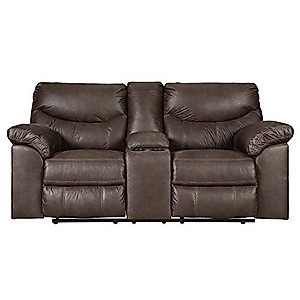 Signature Design by Ashley Boxberg Faux Leather Manual Double Reclining Loveseat with Center Console, Dark Brown