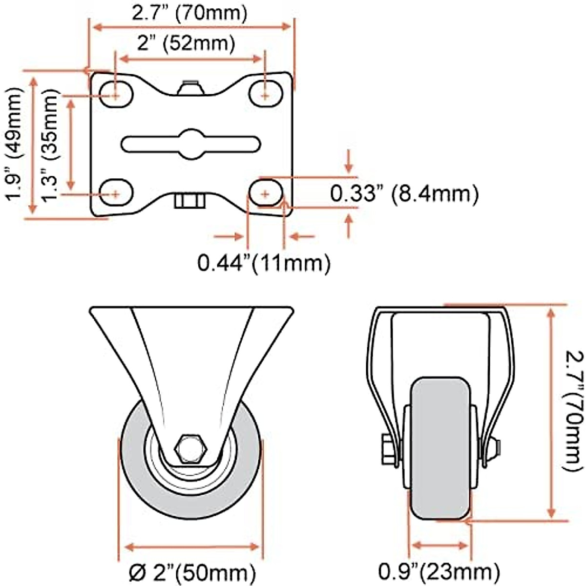 FactorDuty 4 Pack Combo 2 inch Caster Wheels 2 Rigid Non Swivel Fixed Stationery & 2 with Brake Swivel Plate All Black Polyurethane Wheels Non Marking No Noise 150LB Per Wheel