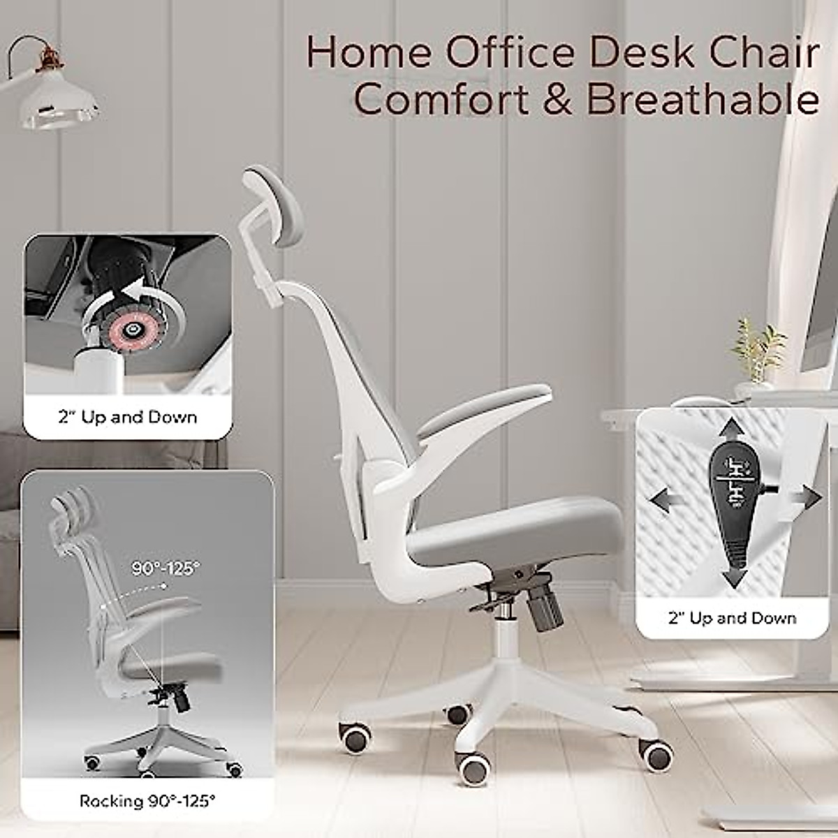 SICHY AGE Ergonomic Office Chair Home Desk Office Chair with Flip-Armrest & Cushion for Lumbar Support, high Back Computer Chair with Thickened Cushion Desk Chairs Gray