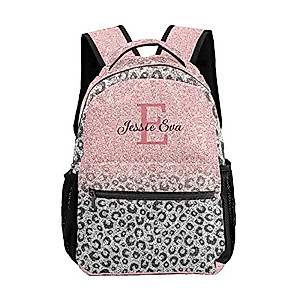 Custom Kid Backpack, Pink Glitter Printing Leopard Personalized School Bookbag with Your Own Name, Customization Casual Bookbags for Student Girls Boys