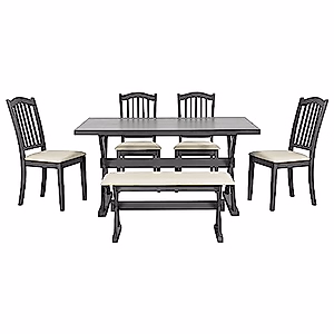 HAUSHECK Rectangular Table with X-Frame Legs, Upholstered Bench & Chair with Hollowed Backrests, Padded Cushion, Modern Rustic Style Home Furniture, Kitchen & Dining Room Sets for 6, Gray
