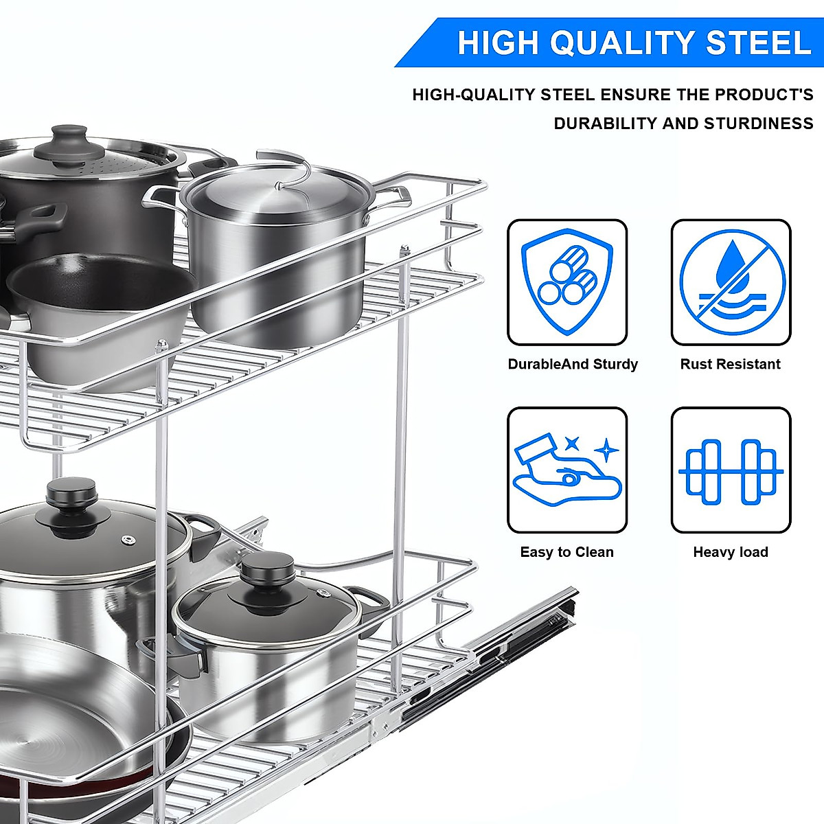 Fulgente Chrome Finish Pull Out Drawer Cabinet Organizer, Professional Wire Frame 2 Tier Heavy Duty Slide Out Kitchen Cabinet Storage Shelves, Sliding Pantry Shelf Bathroom 11"W x 21"D x 15.12''H